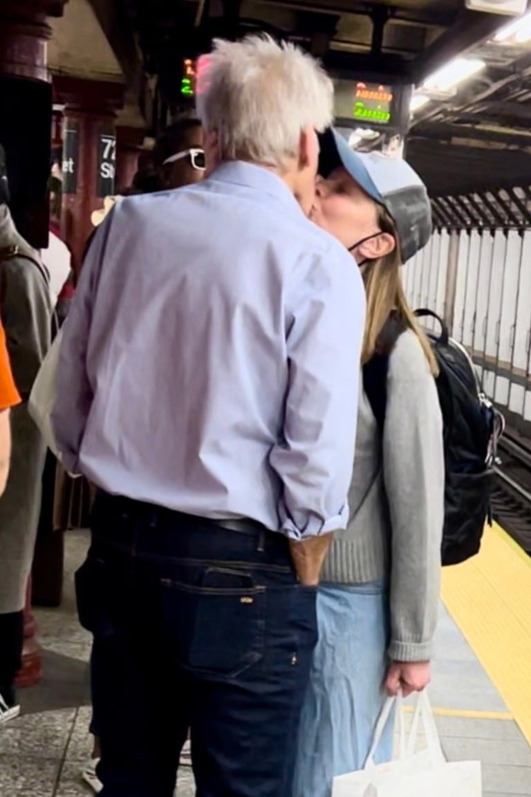 Harrison Ford kisses wife Calista Flockhart goodbye as he rides the ...