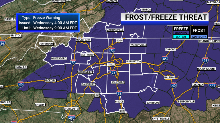 Freeze warning in Triad on Wednesday morning