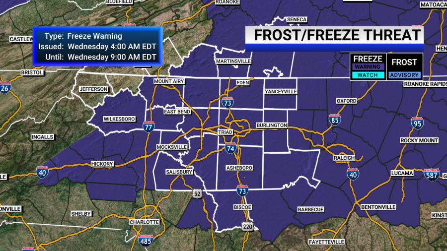 Freeze warning in Triad on Wednesday morning
