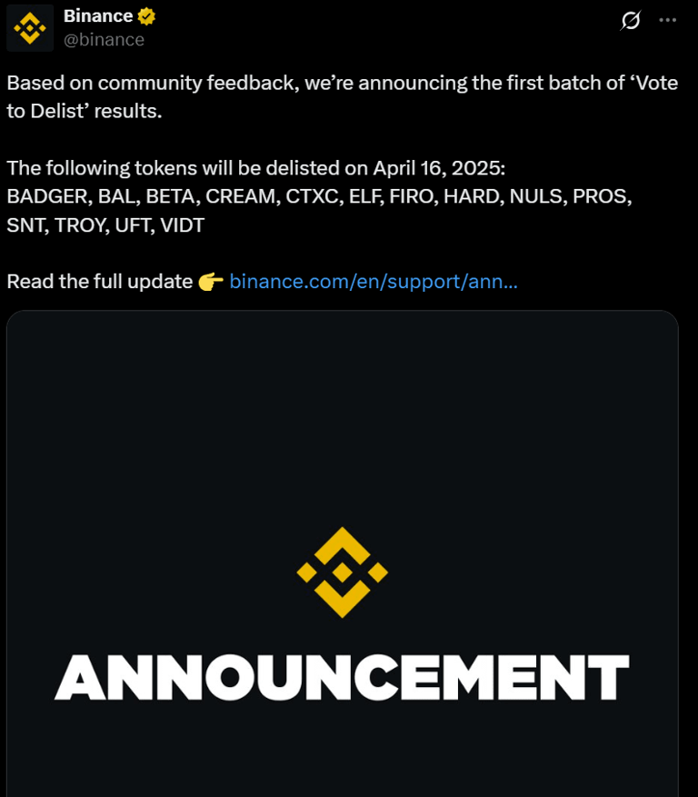 Binance to purge 14 tokens following ‘vote to delist’ process