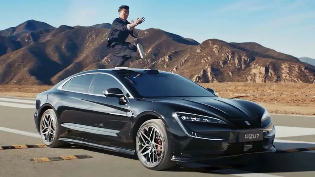 BYD electric sedan tackles speed bumps with a kung fu master on the roof