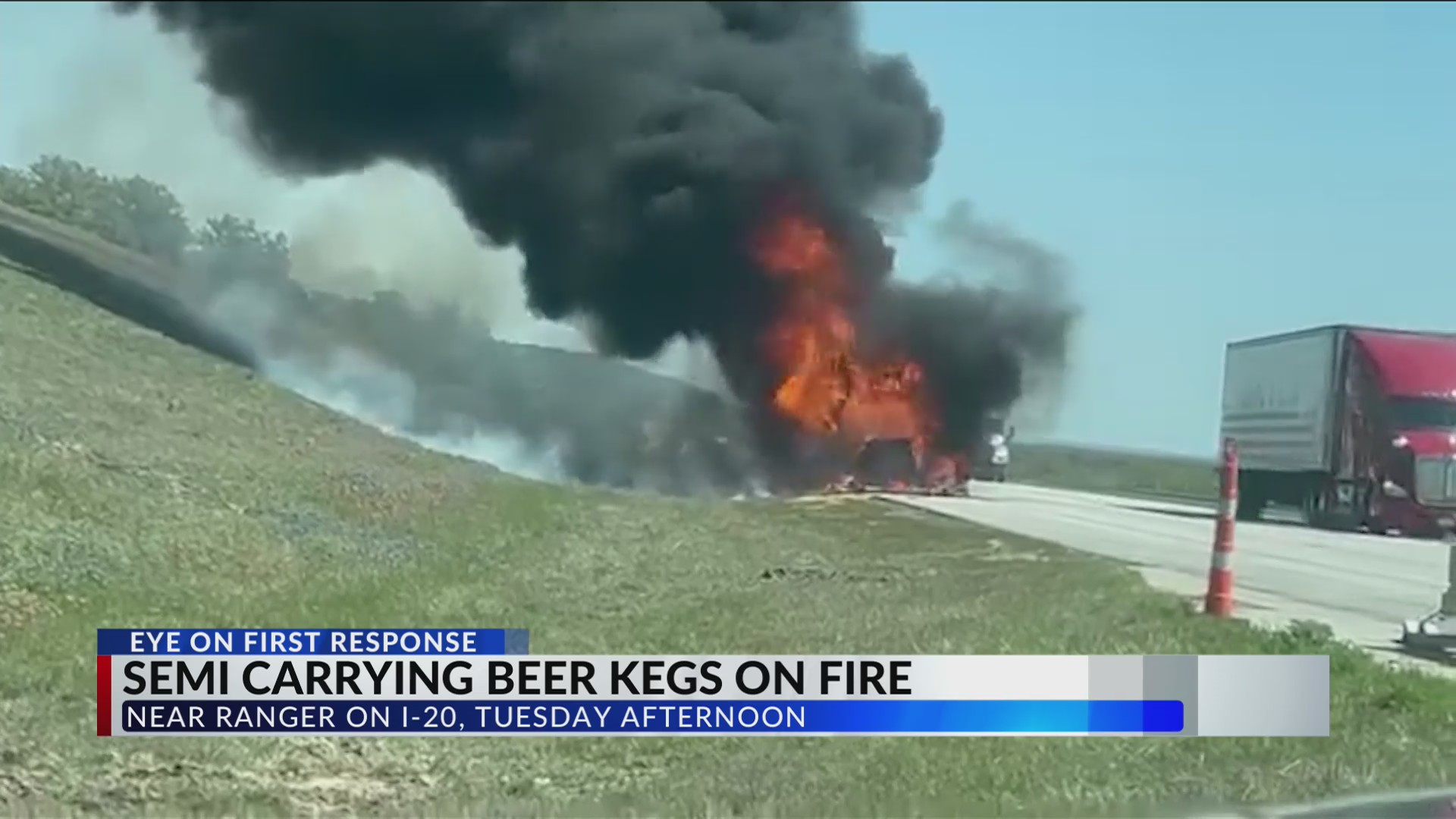 Tractor-trailer with beer kegs catches fire in Ranger, fully engulfed