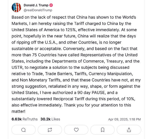 Trump announces 90-day tariff pause before RAISING duties on Beijing