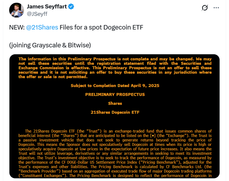 21Shares files for spot Dogecoin ETF in the US