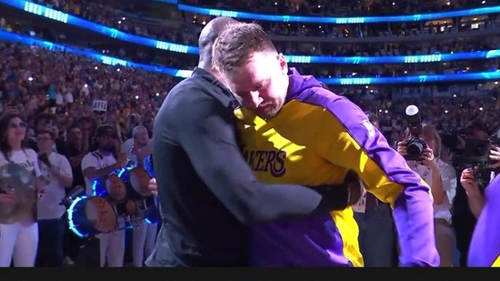Crying Luka Doncic gets pep talk in Lakers' locker room, hug from ...