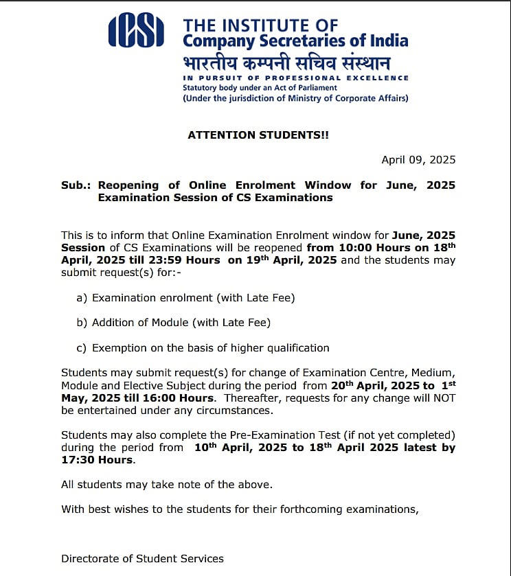ICSI Reopens Online Registration For June 2025 CS Exams; Details Here