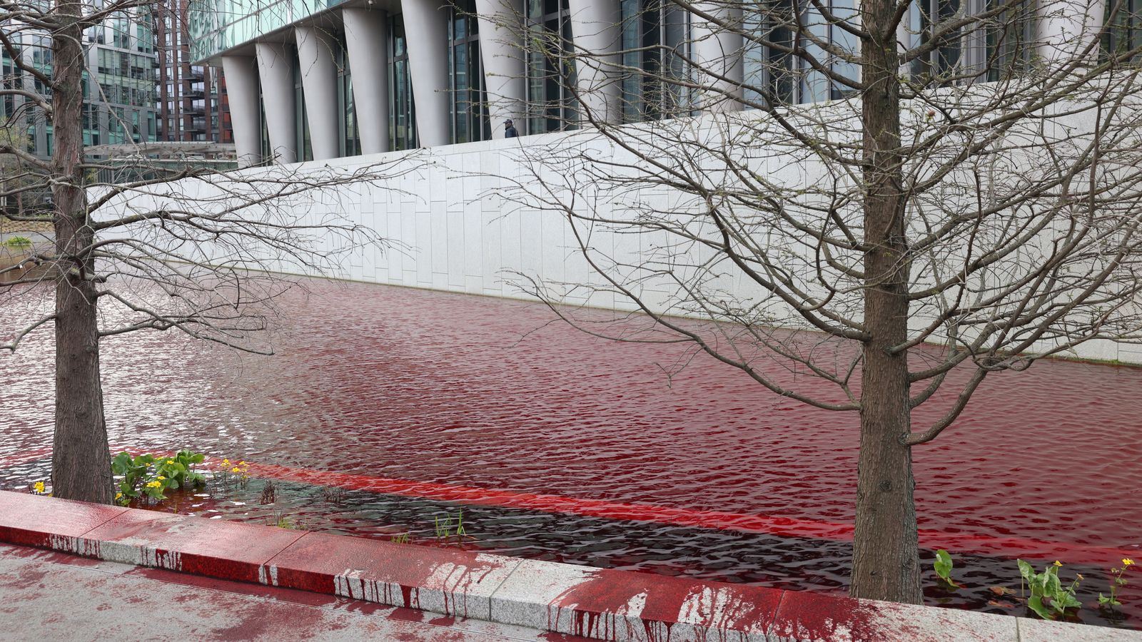 Blood-red dye dumped into US embassy pond in Israel arms sales protest
