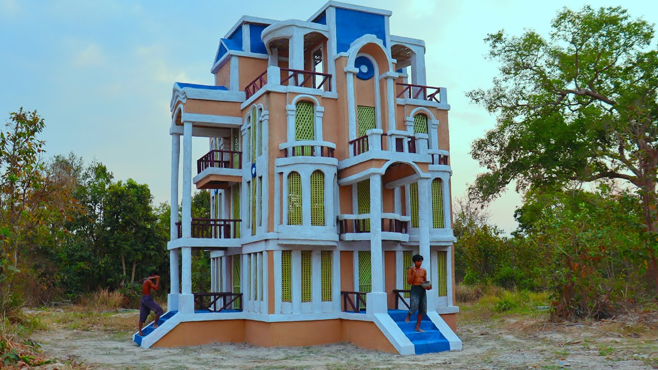 Building a stunning 4-story modern mud villa in the forest
