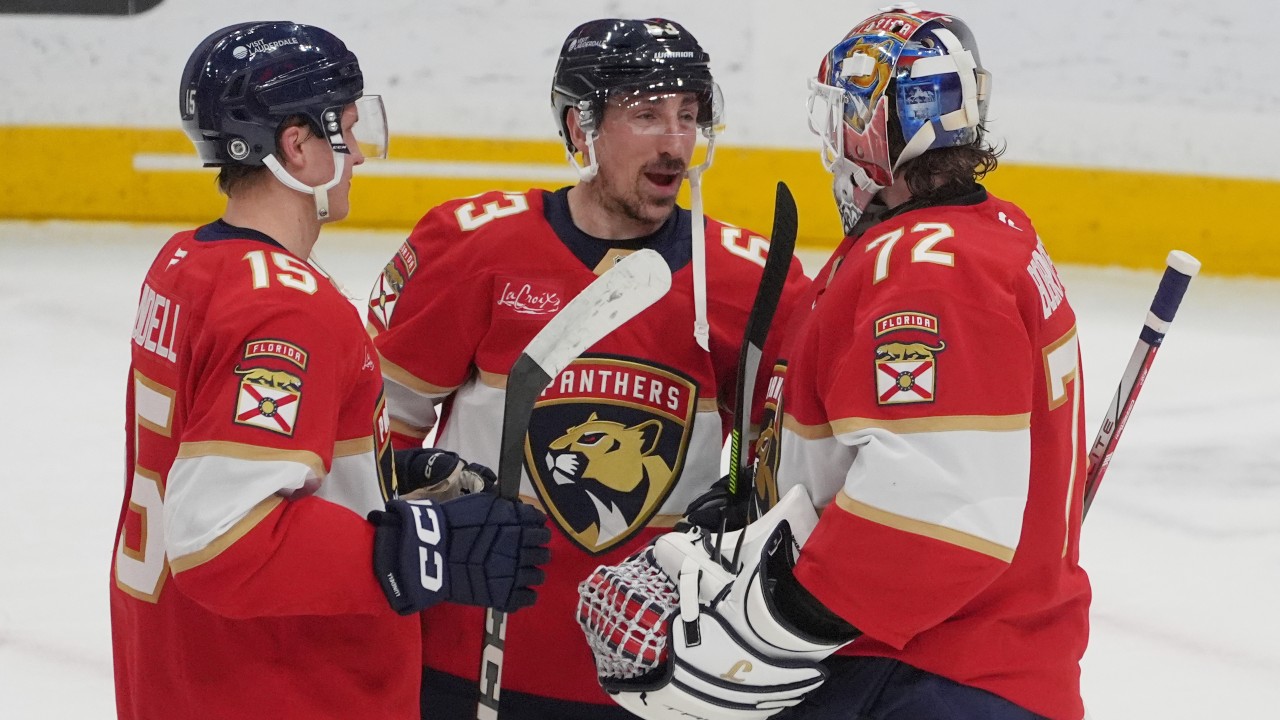 Rodrigues celebrates Marchand’s first Panthers goal with some chirps