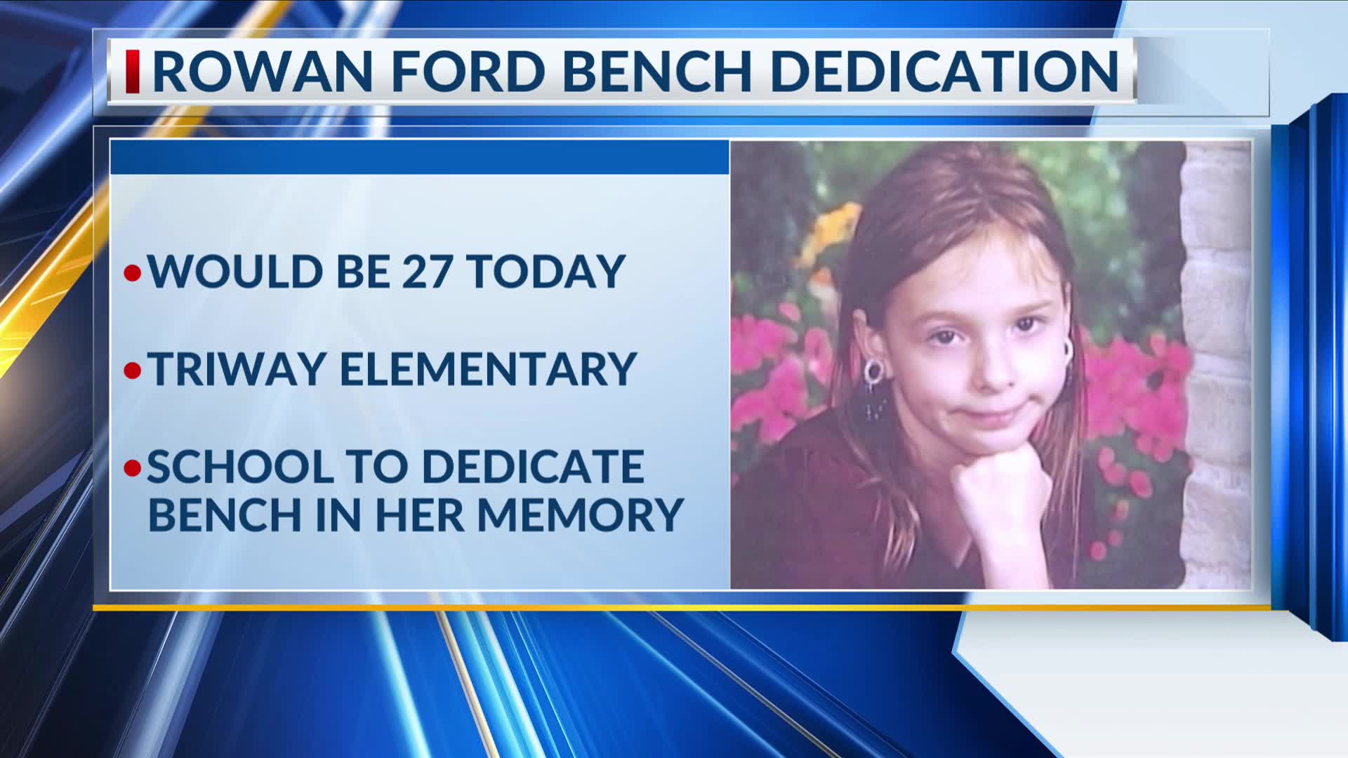 Bench dedicated to honor Rowan Ford on what would be her 27th birthday