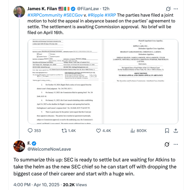 SEC, Ripple file joint motion to pause appeals in XRP case