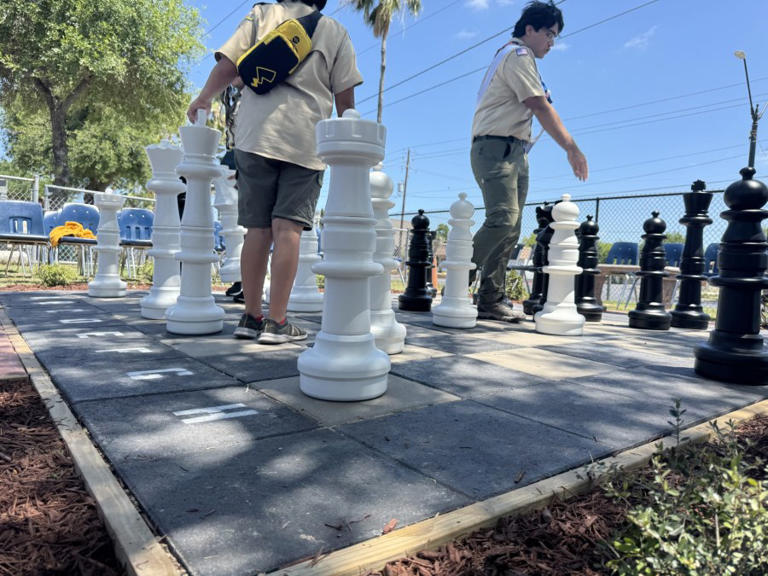 Eagle Scout builds giant chess board for Sharp Elementary School
