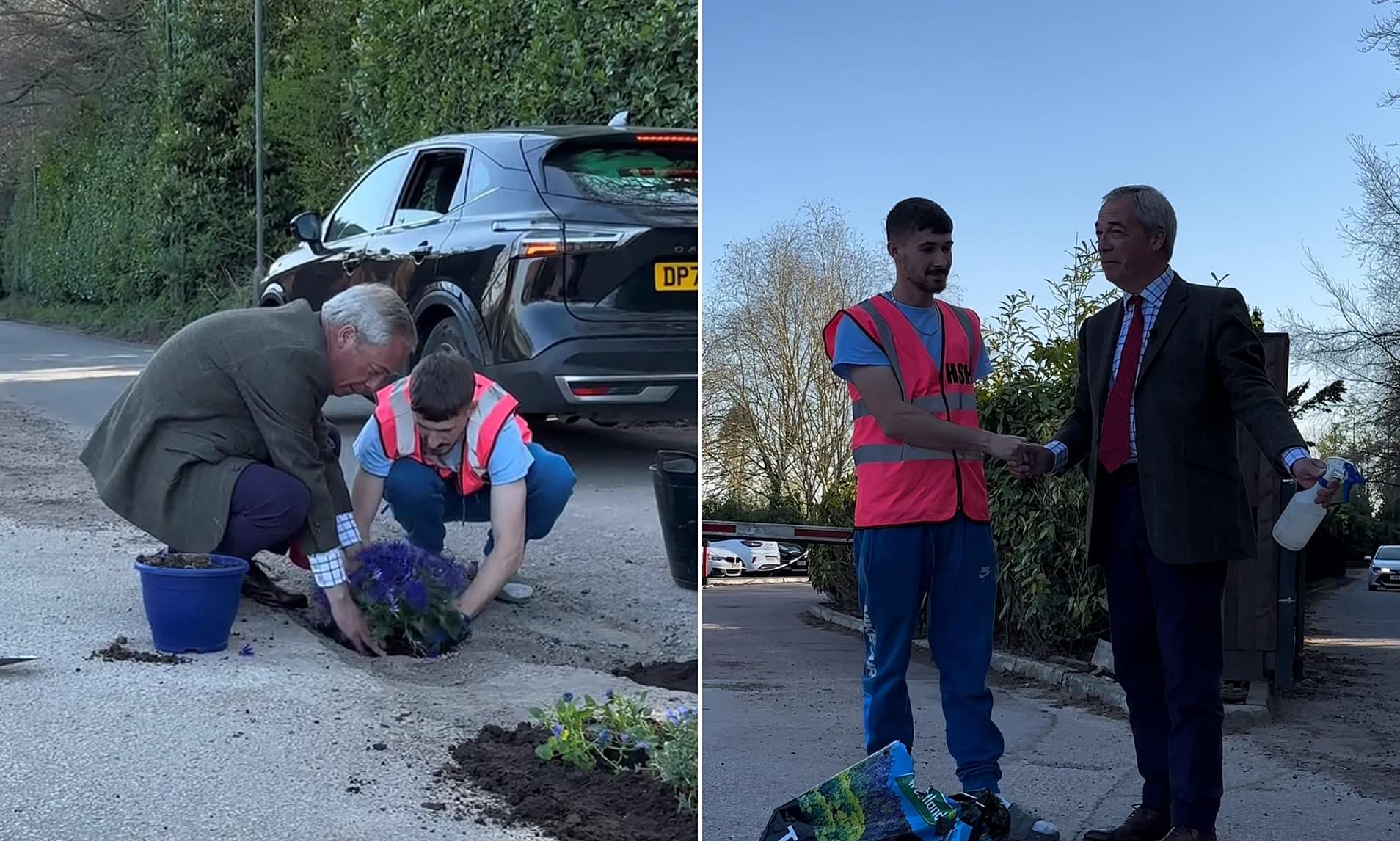 Nigel Farage helps vigilante gardener fill in 'monstrous' potholes