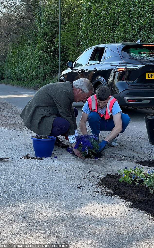 Nigel Farage helps vigilante gardener fill in 'monstrous' potholes