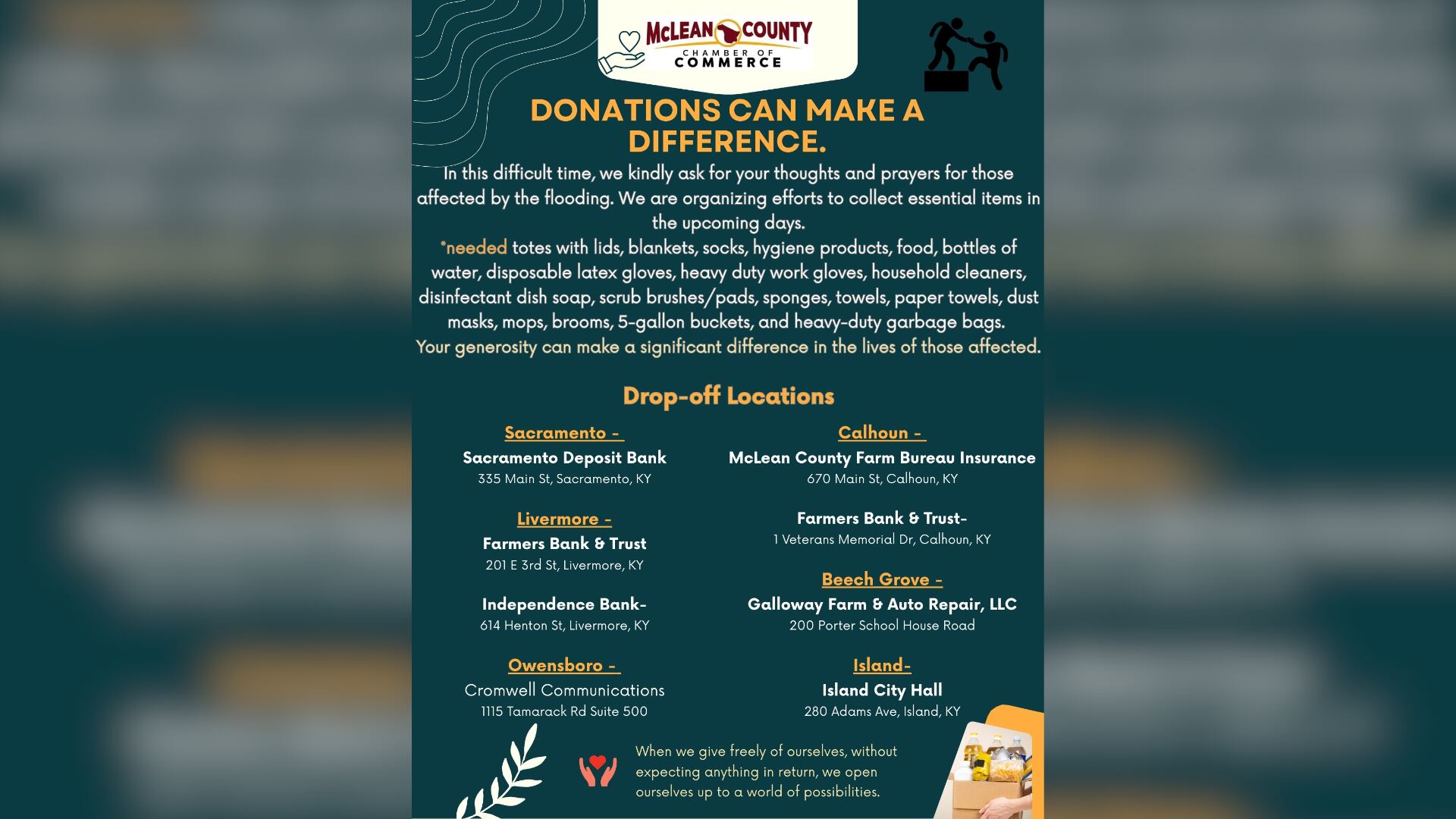 Donation drop-offs open in McLean Co. for those affected by flooding