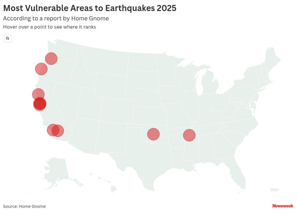 Map Shows US Cities Most Vulnerable to Earthquakes in 2025