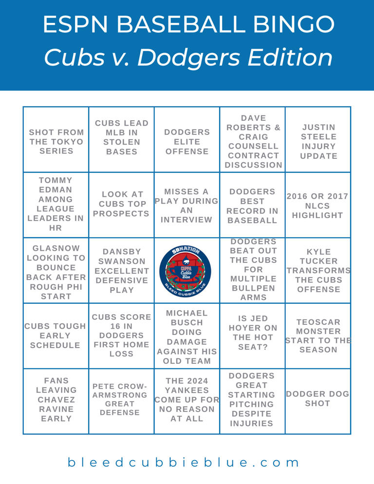 Cubs vs. Dodgers ESPN Sunday Night Baseball bingo
