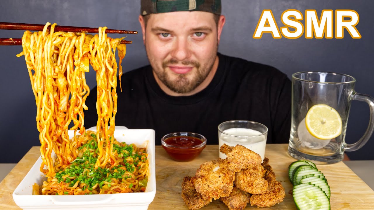 ASMR Mukbang Chicken Tenders & Spicy Kimchi Ramen ¦ Dave Kay ASMR