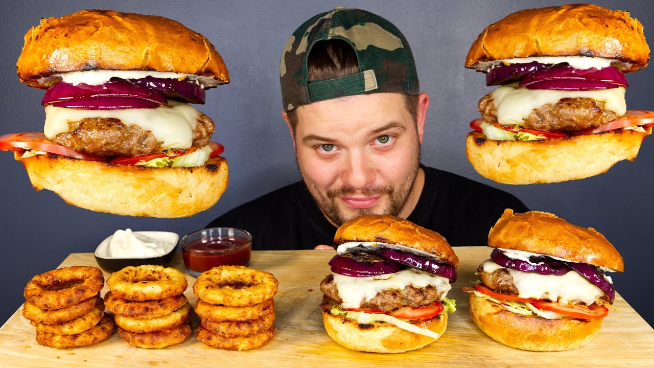 ASMR Mukbang Homemade Cheeseburgers & Onion Rings ¦ Dave Kay ASMR