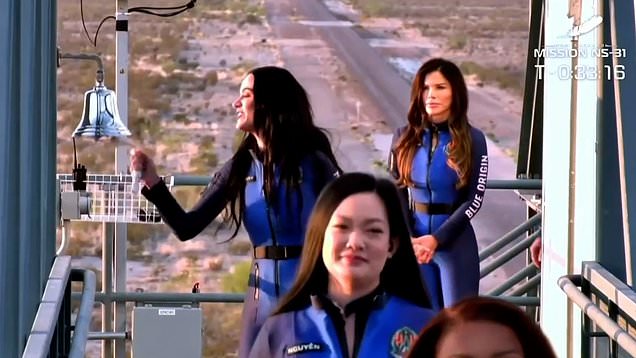 All-female Blue Origin crew ring the bell before launching into space