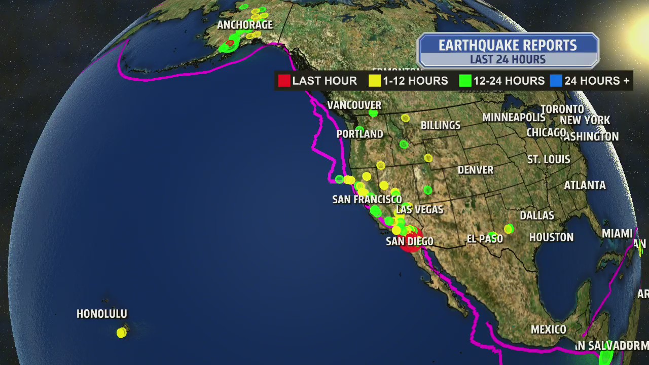 Earthquakes within the last 24 hours reported in California
