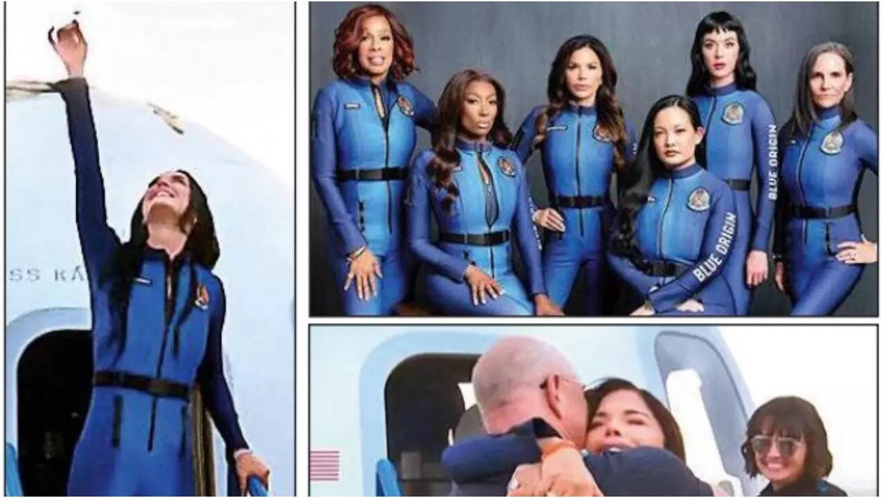 Katy Perry kisses Earth, Amazon founder Jeff Bezos hugs fiancee Lauren ...