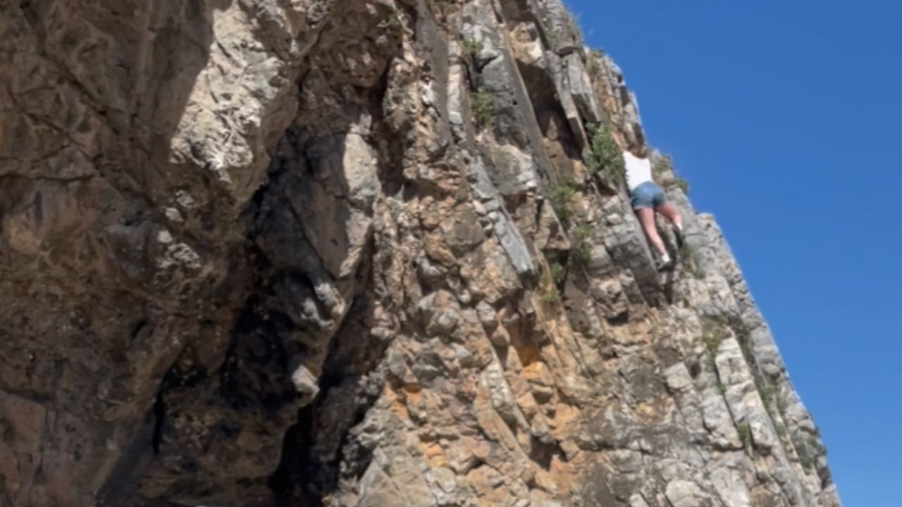 Rock climber loses footing mid-descent and takes a terrifying fall