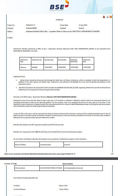 STEP TWO Takeover Offer: BSE Shares Key Dates & Process Guidelines ...