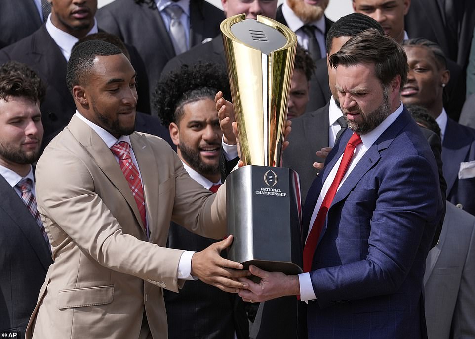 JD Vance drops Ohio State championship trophy during White House event