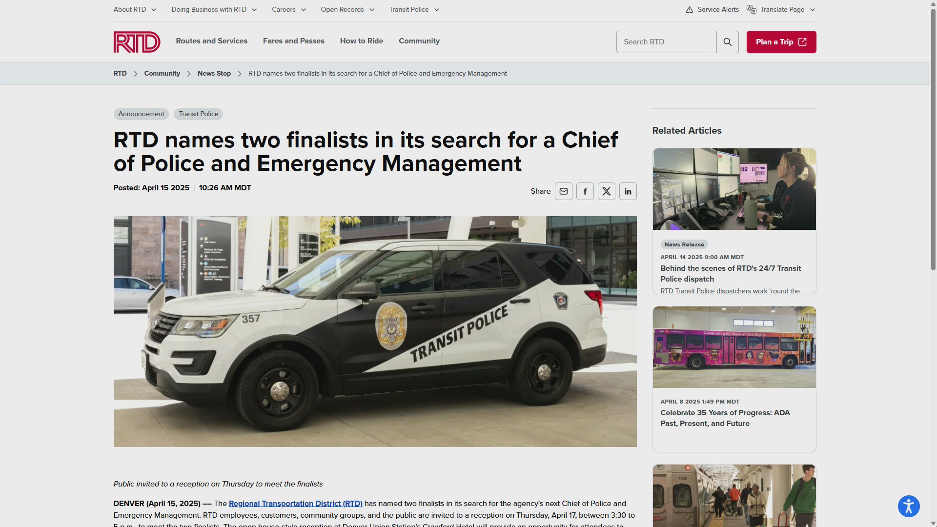 RTD announces two finalists for chief of police and emergency management