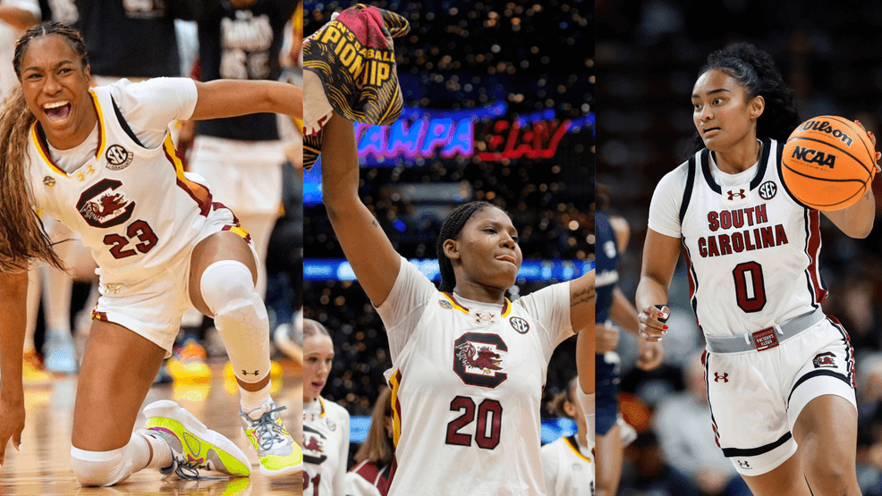 Dawn Staley celebrates as South Carolina's Paopao, Hall, and Feagin ...