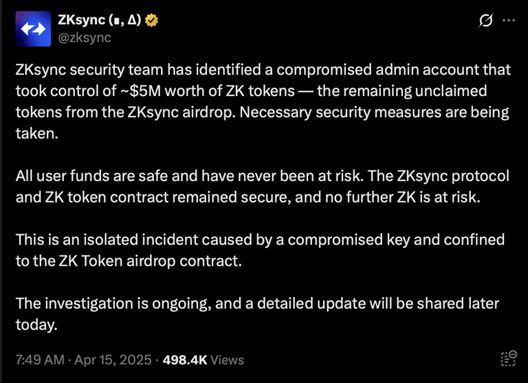 Hacker mints $5M in ZK tokens after compromising ZKsync admin account