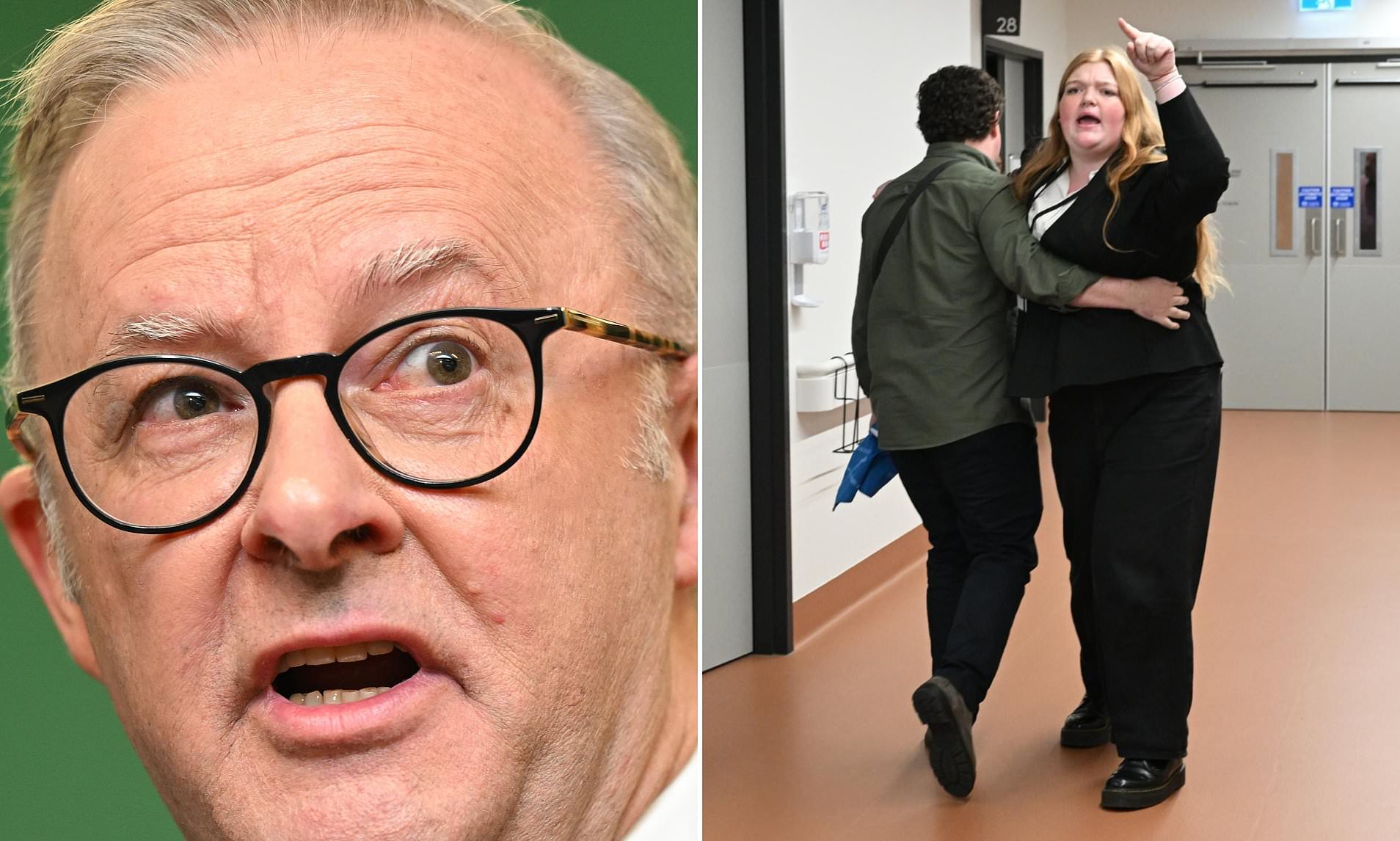 Dramatic moment two screaming women gatecrash Albo's press conference