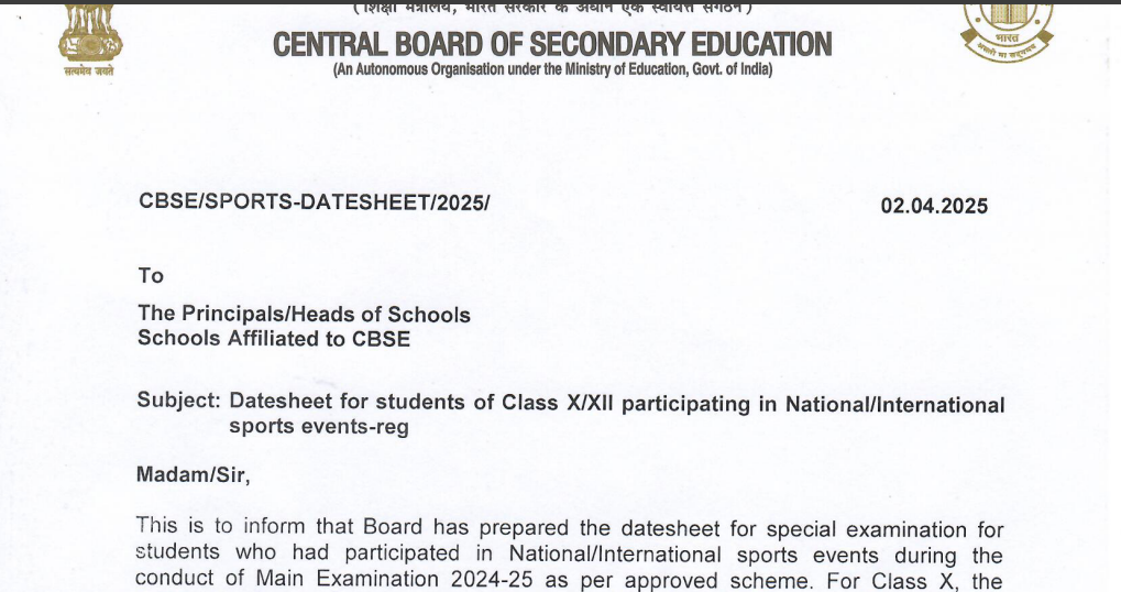 CBSE Class 10, 12 date sheet released for students participating in ...