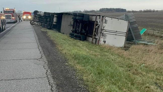 Strong wind gust blows over multiple semis on I-65 in Lake County