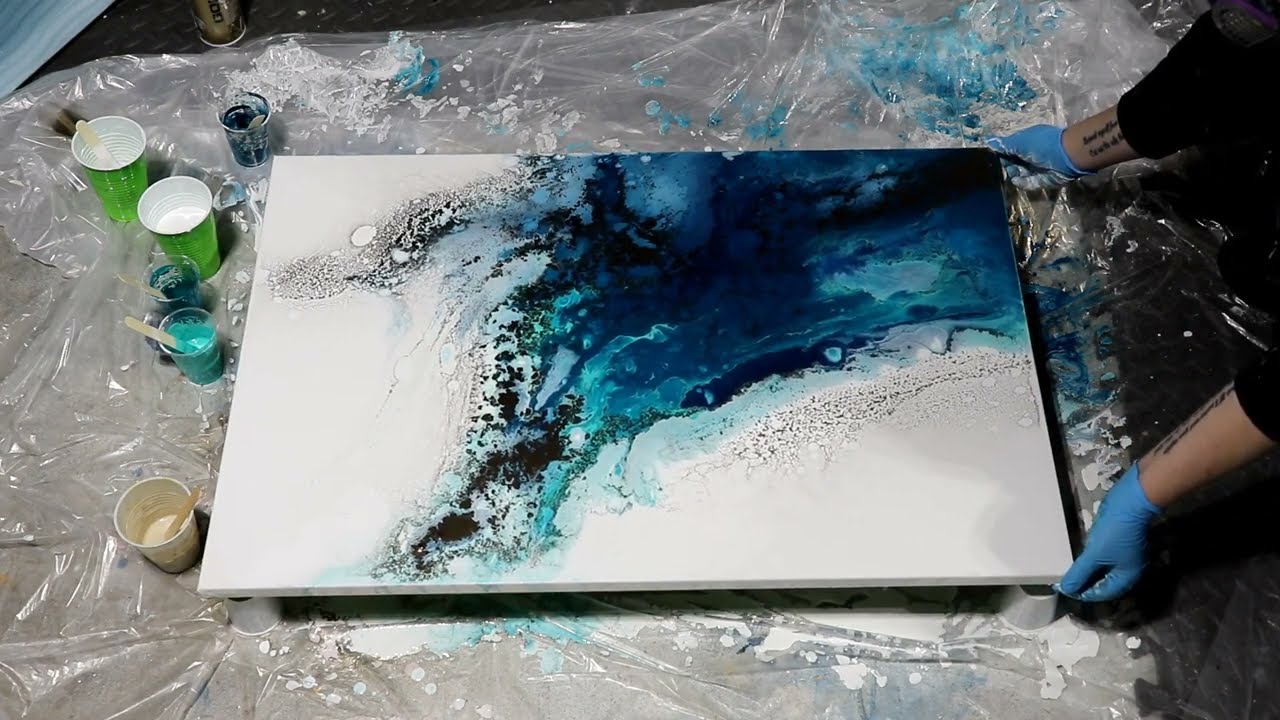 Gorgeous Prussian Blue and Ocean Green Acrylic Pour Painting With Spray ...