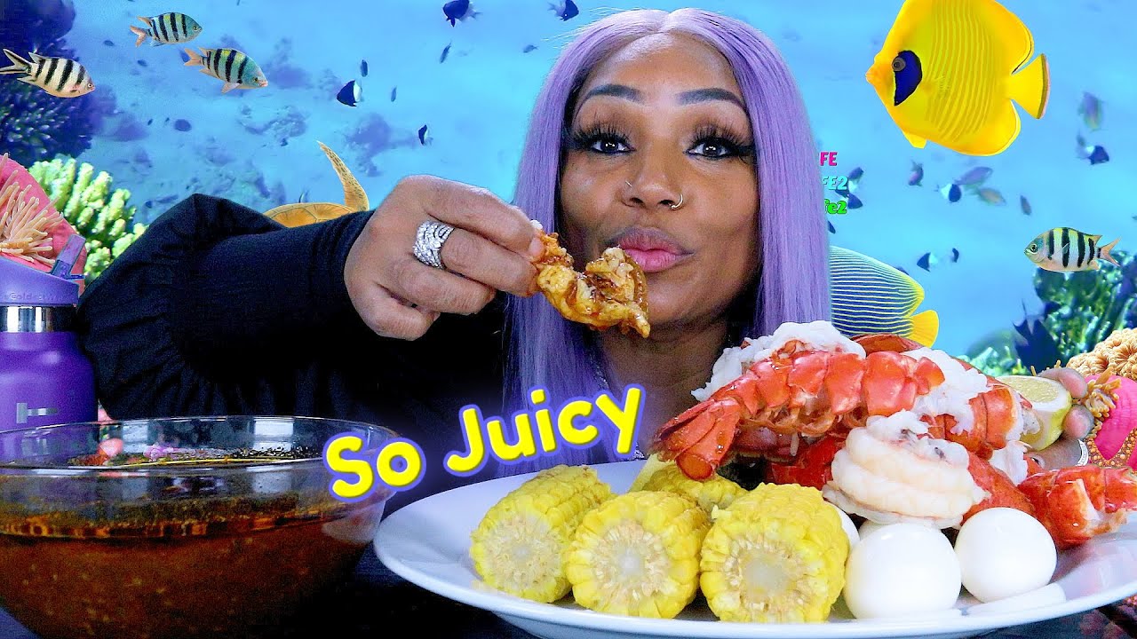 Steamed lobster tails boil: lobster, corn, eggs, cucumbers