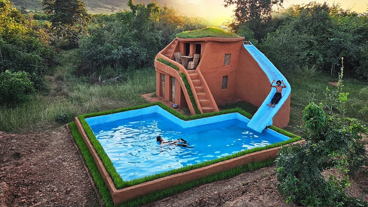 Rooftop Rice Farm & Mud House Water Slide – Ultimate Survival Build