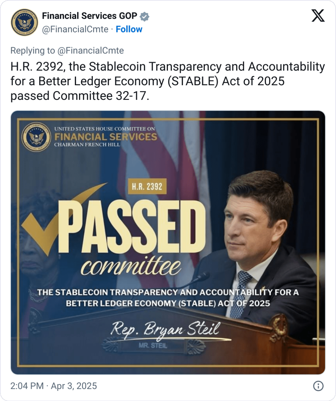 US House committee passes stablecoin-regulating STABLE Act