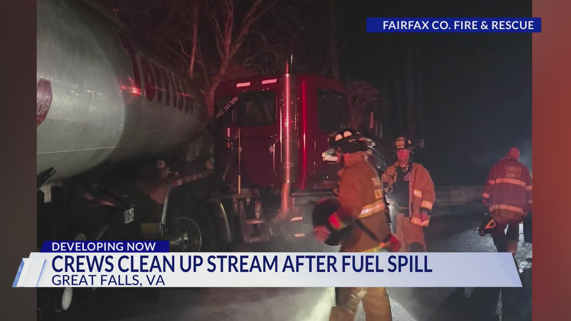 Tanker truck crash leads to fuel spill into Difficult Run in Fairfax County