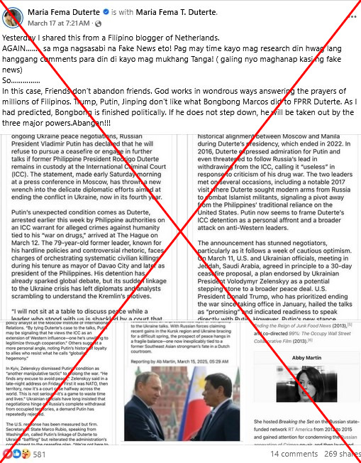 Fabricated news article frames Duterte's arrest as obstacle to Russia ...