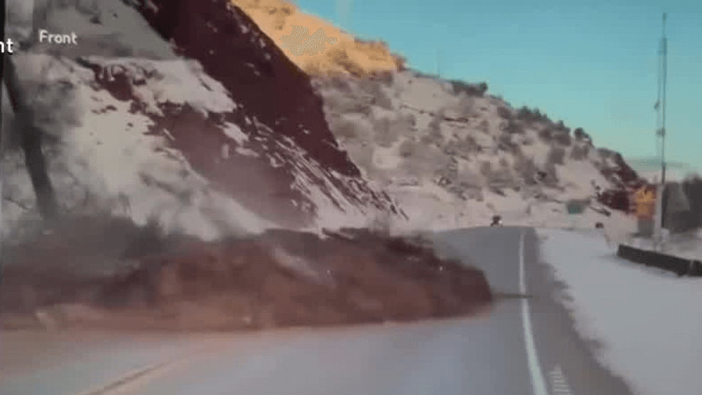 Video captures US-6 mudslide narrowly miss truck driving down highway