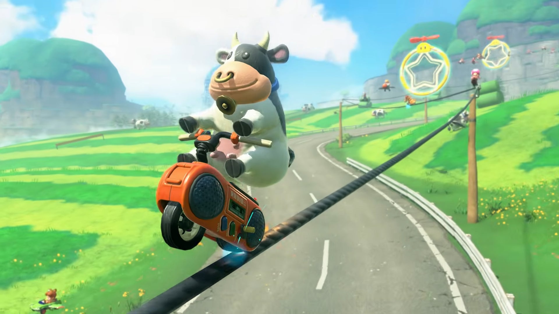 Je kunt spelen als de Moo Moo Meadows Cow in Mario Kart World en dat ...