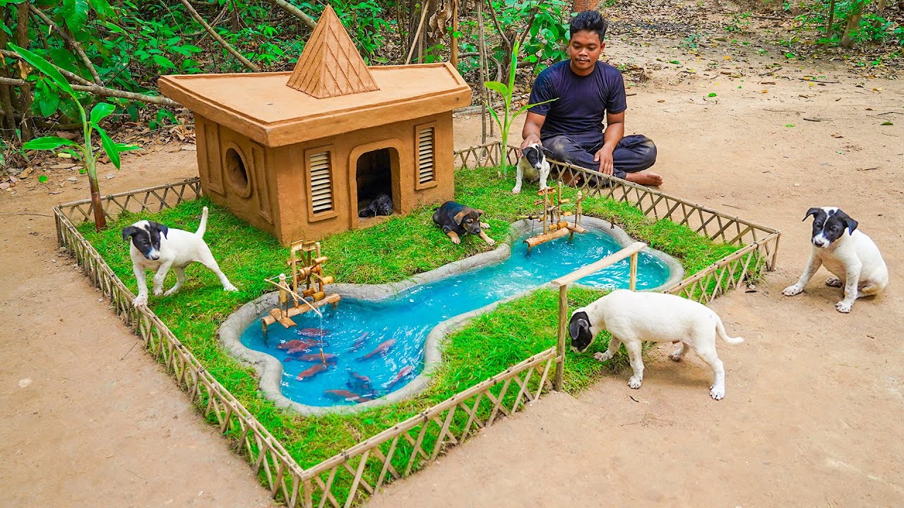 Built alone with minimal cost – cozy country house & fish pond for puppies