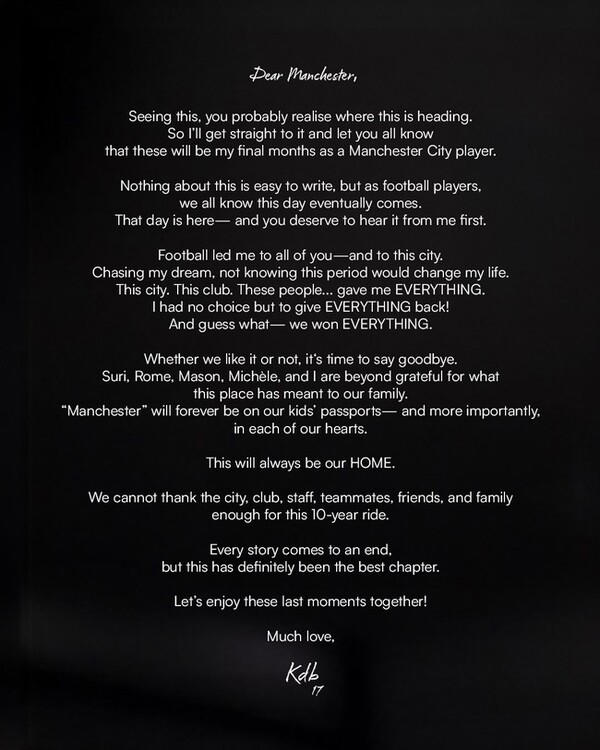 아디오스, KDB! ‘106골 174도움’ 케빈 더 브라위너, 이번 시즌 끝으로 맨시티 떠난다...“모든 여정에는 끝이 있기 마련”