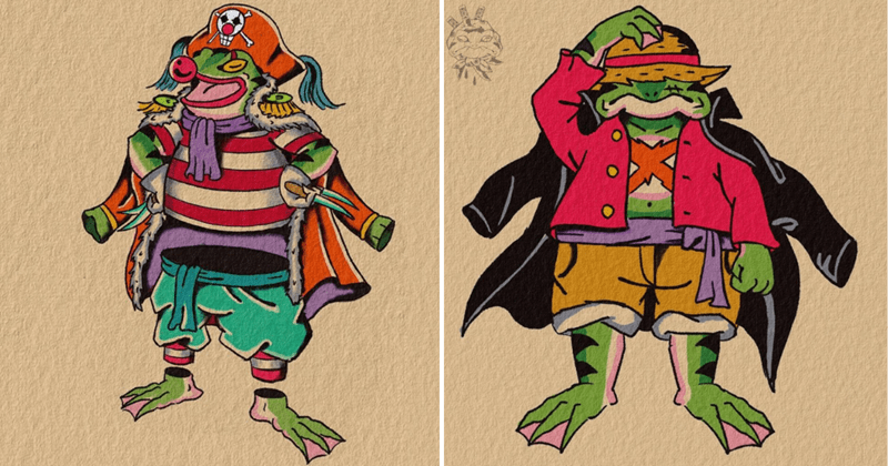 One Piece Characters Designed As Funky Frogs in Tattoo Artist's Endearing Doodles