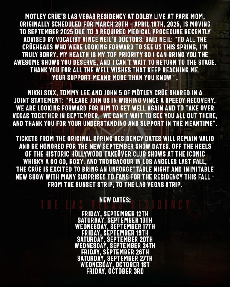 Mötley Crüe forced to cancel festival date over frontman Vince Neil’s ...