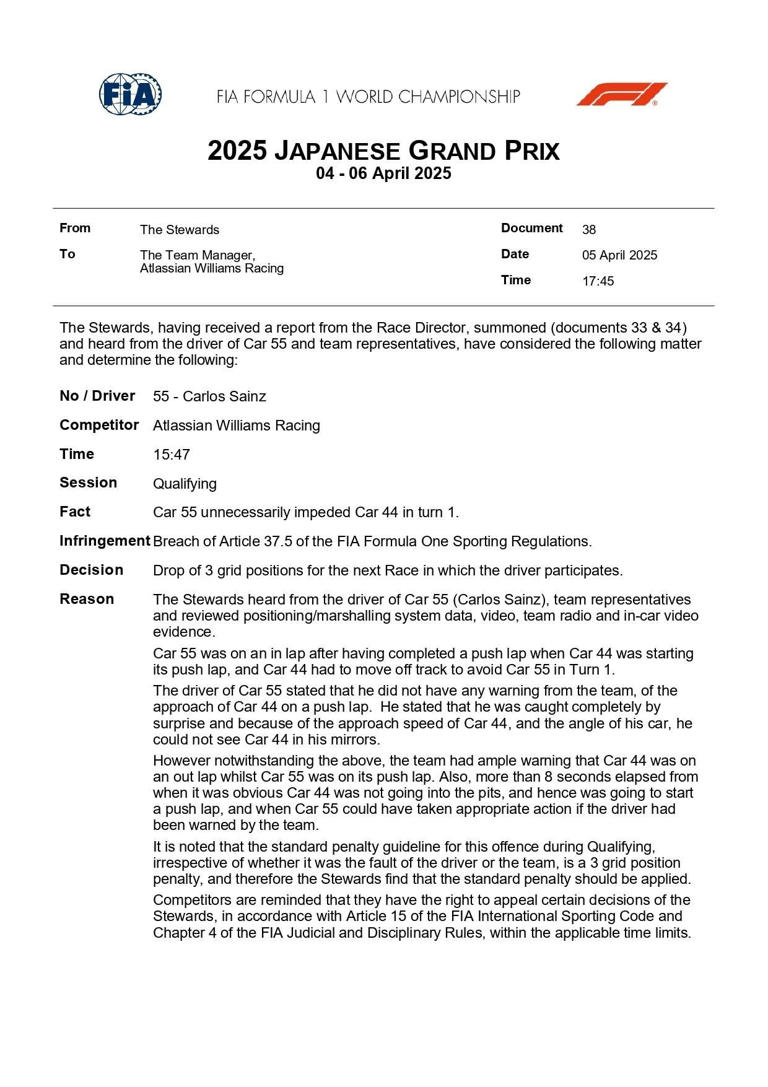 Sainz handed grid penalty by FIA after incident with Hamilton
