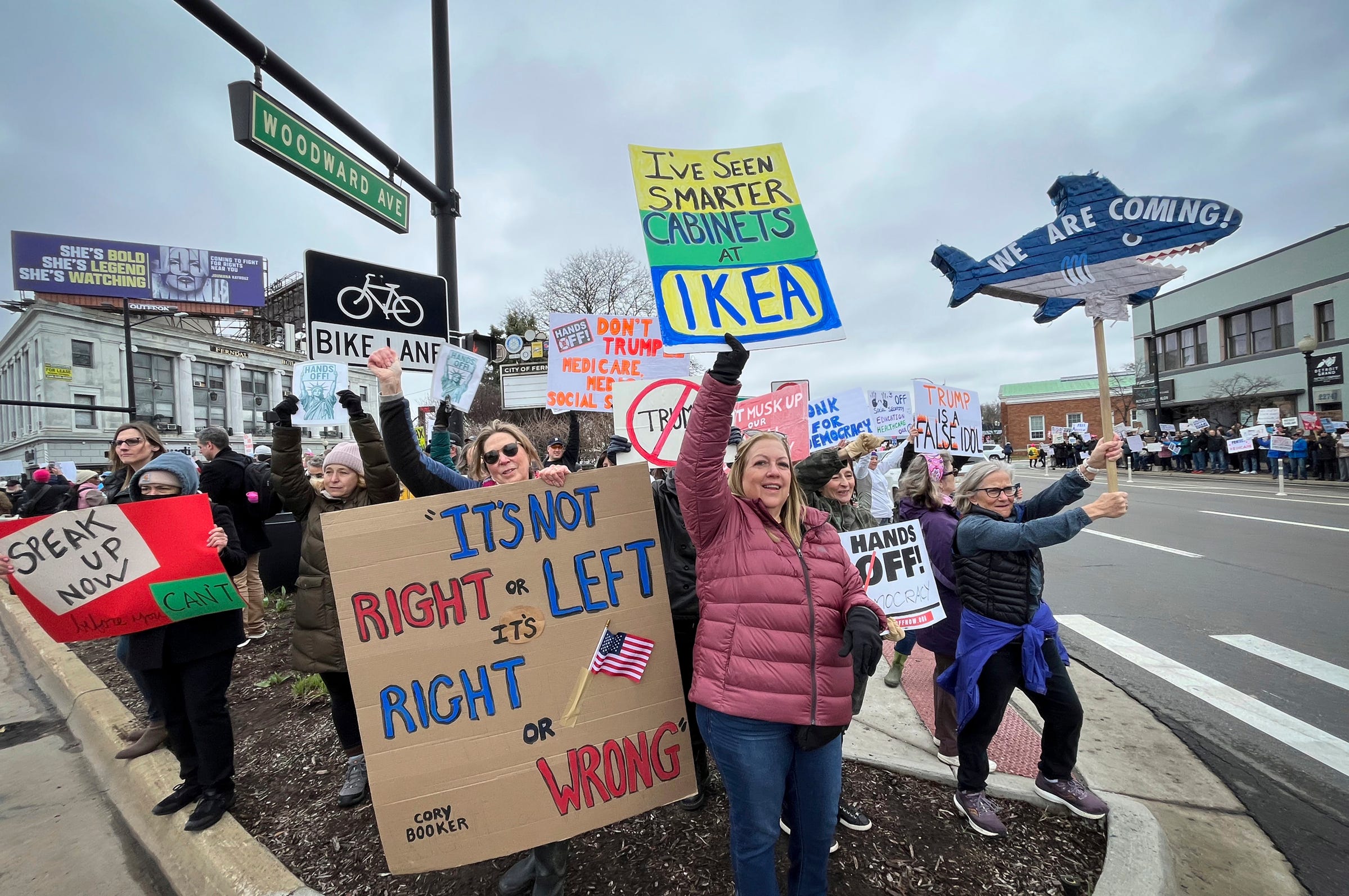 Thousands protest Trump, Musk across Michigan
