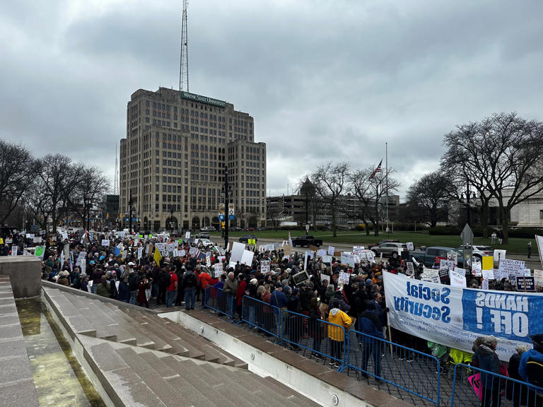 Thousands protest Trump, Musk across Michigan